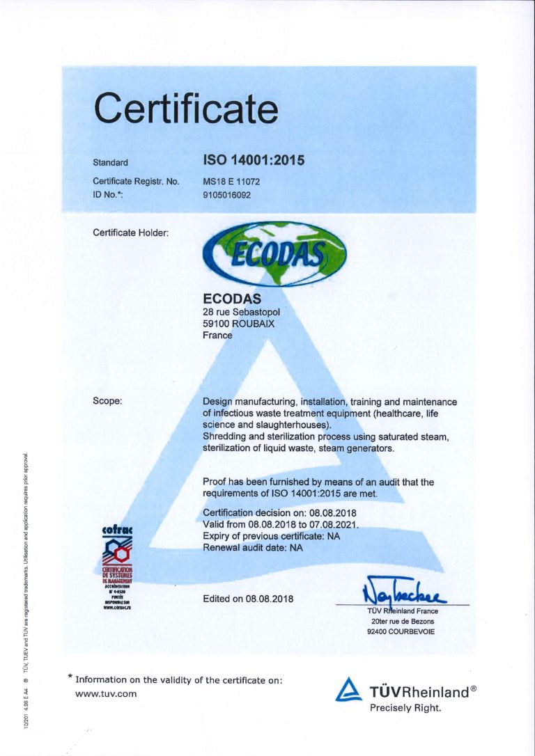 ISO 14001 - 2015 CERTIFICATE ECODAS : DASRI